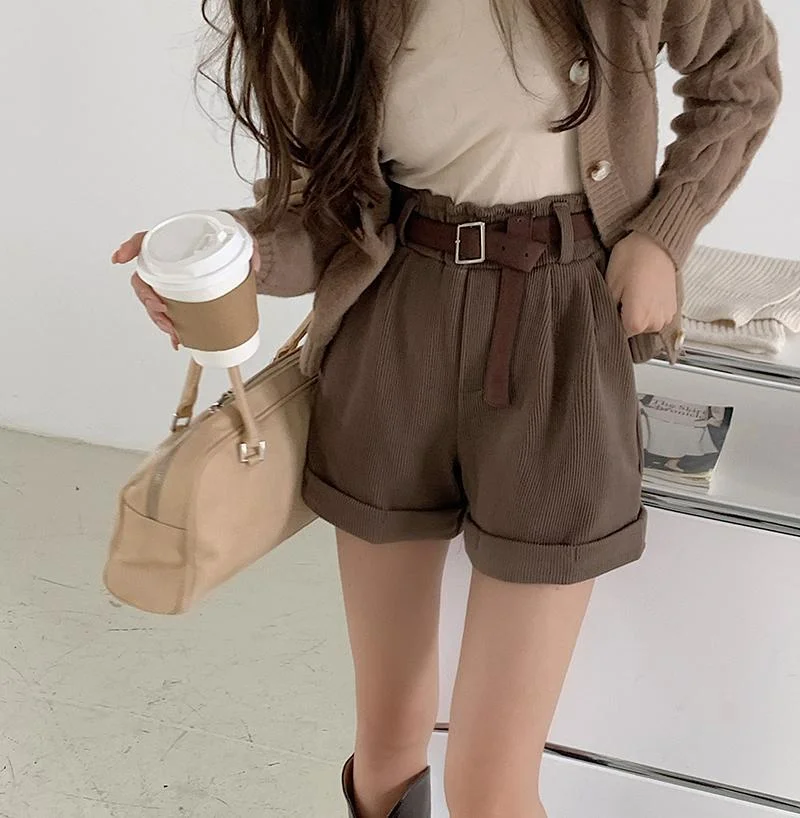 KOREAN CURLED CASUAL SHORTS WITH BELT