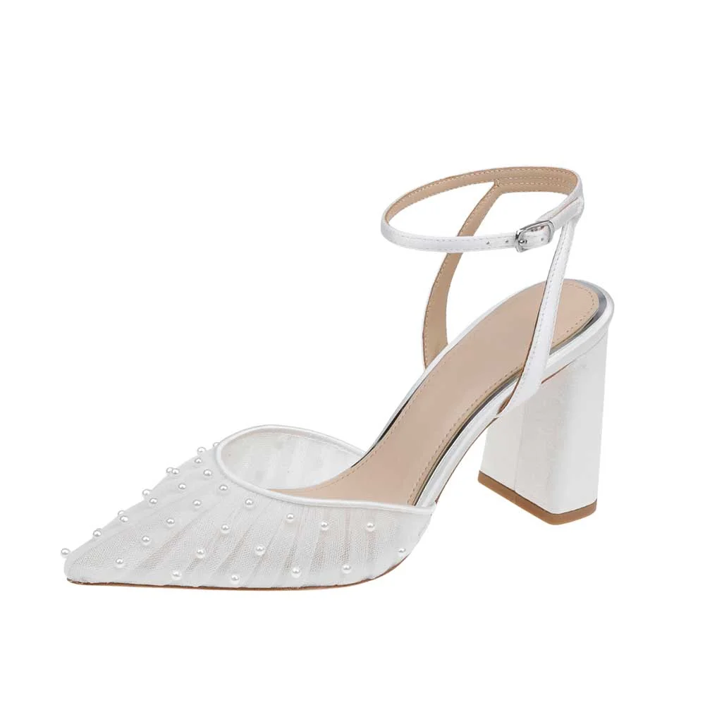 White Satin & Mesh Pointed Toe Pearl Embellished Block Heel Pumps
