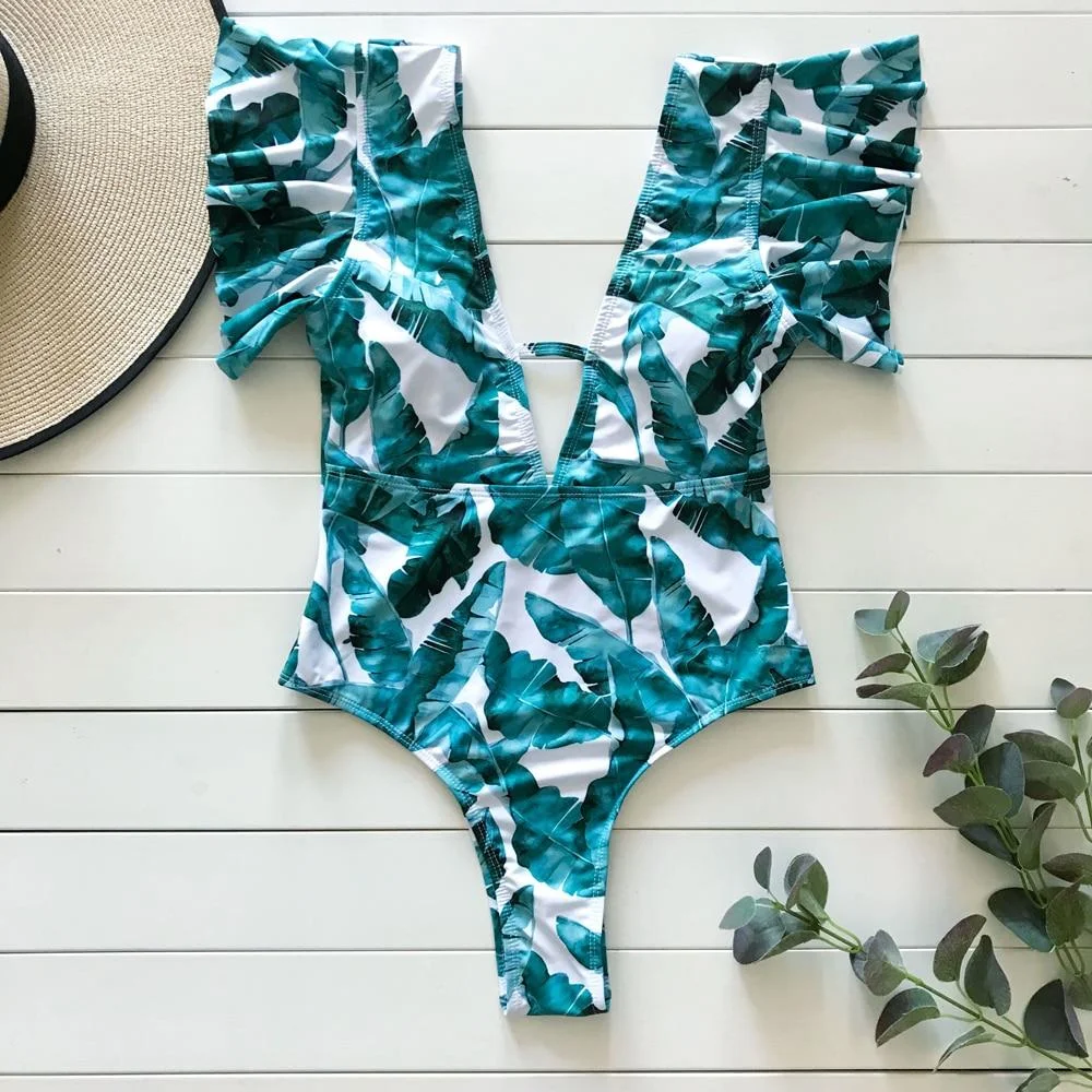 Sexy One Piece Swimwear Floral Deep-V Bathing Suit