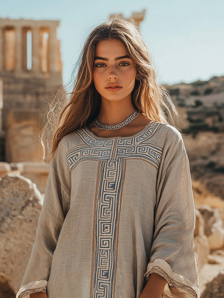 Vintage Greek Key Linen Blend Crew Neck T-shirt