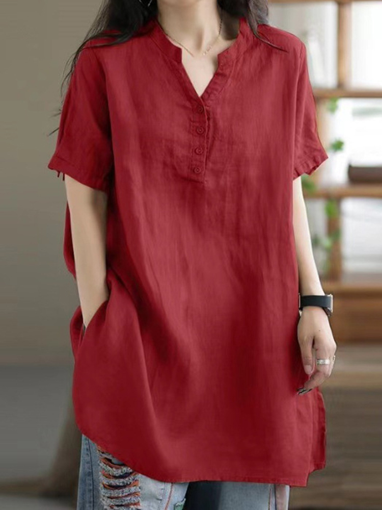 Solid Color Button Fashion Short Sleeve Shirt