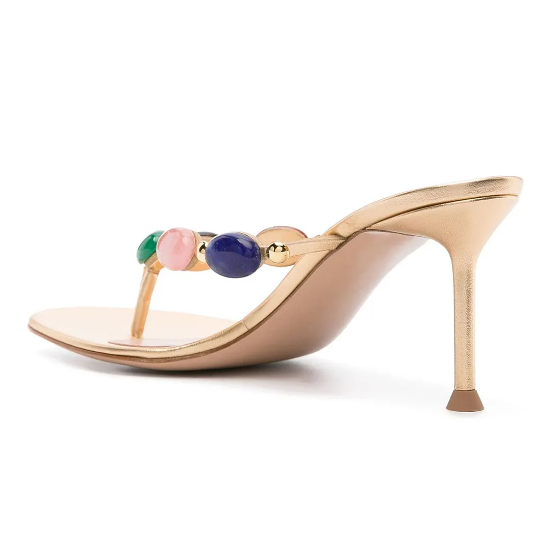 Gold Metallic Finish Open Toe Gem Embellished Strappy Mules Sandals