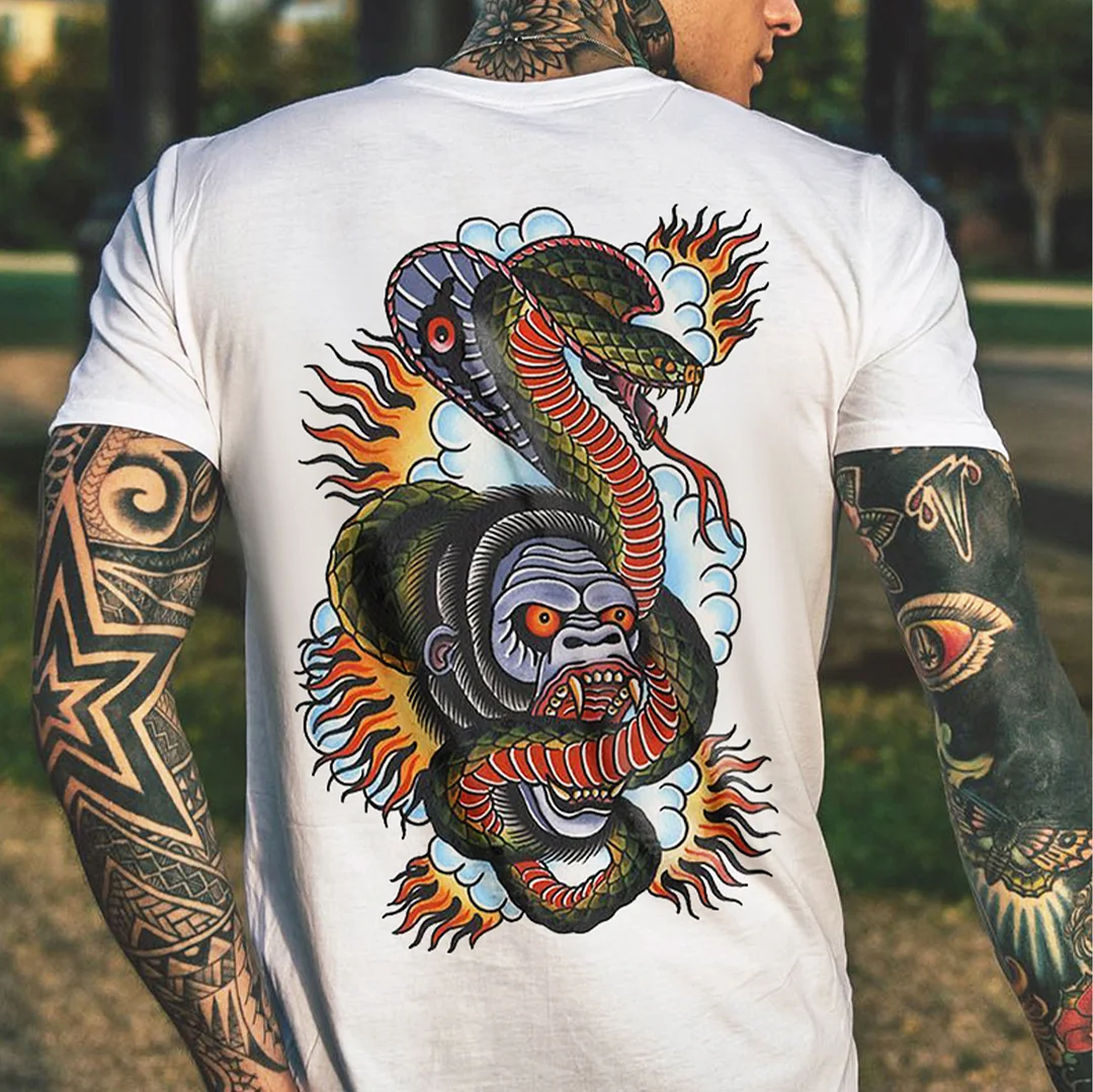 Brave Beast Fighting Against Fierce Snake White Print T-Shirt