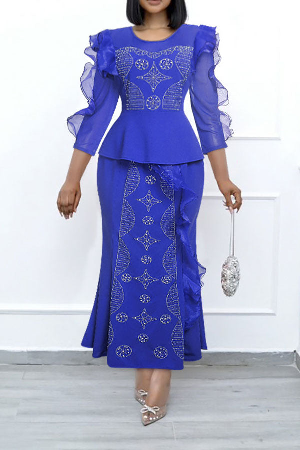 Graphic Print Feminine Ruffle Dress Suit