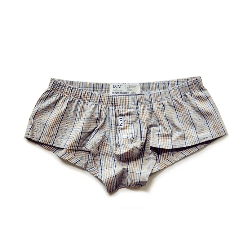 Men's Plaid Front Pouch Button Cotton Boxer Briefs