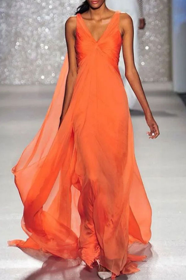 Solid Color Glamorous Twist Front Trailing Maxi Dress