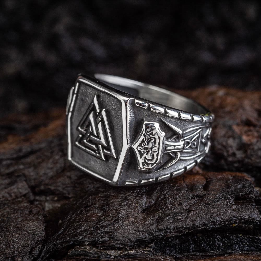 Men's Viking Valknut And Mjolnir Pattern Ring