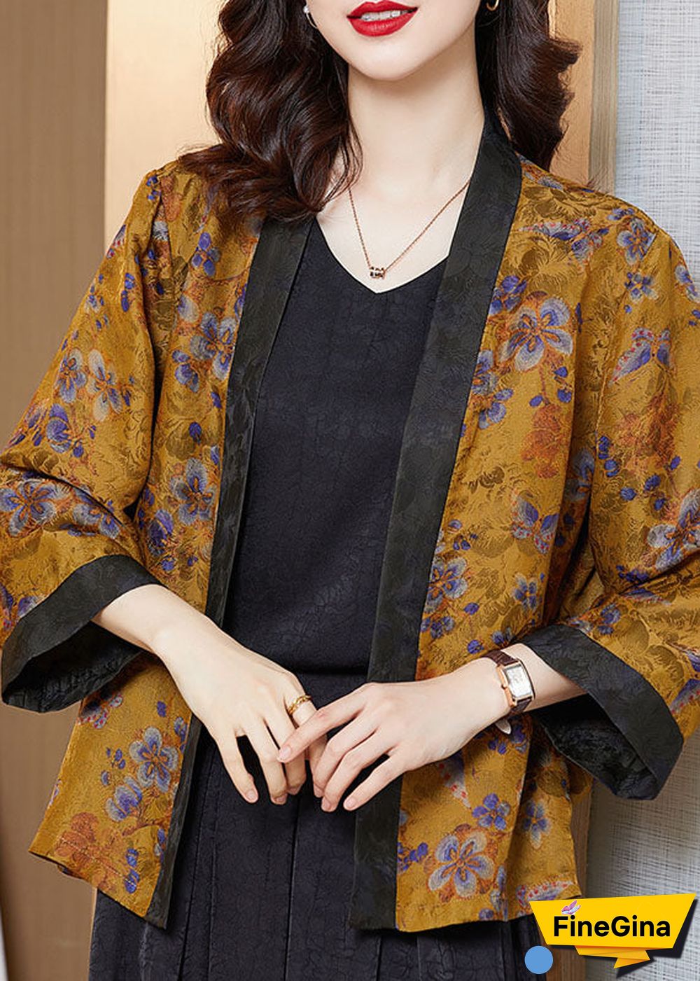 FineGina Plus Size Yellow Print Patchwork Silk Loose Cardigans Bracelet ...