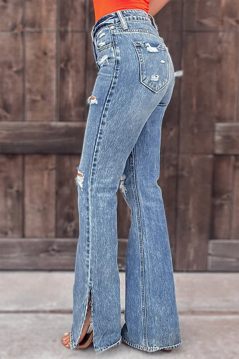 Street Solid Ripped Mid Waist Straight Denim Jeans