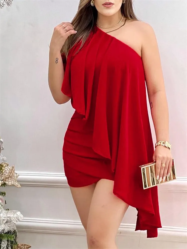 Woherb New Sexy Dresses for Women One-shoulder Irregular Ruffle Buttock ...