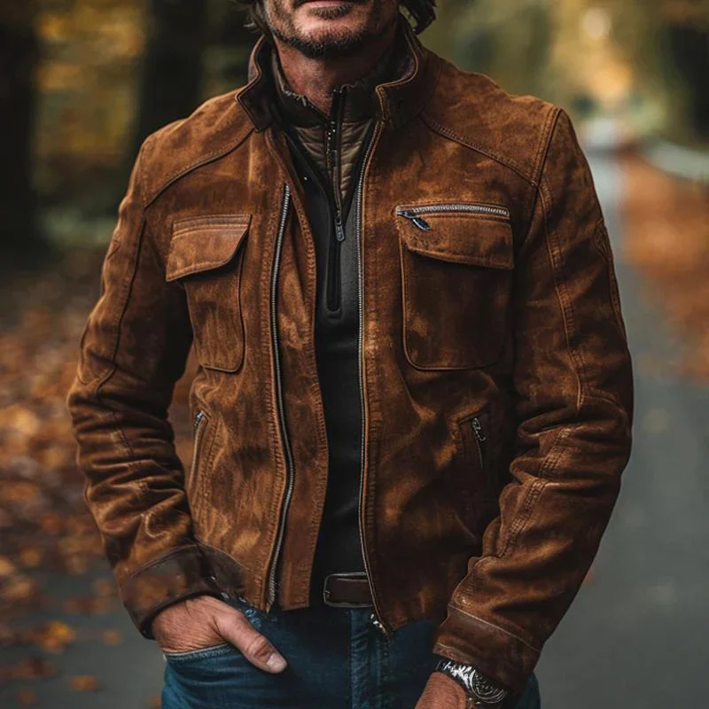 Men's Vintage Suede Stand Collar Zip-Up Jacket