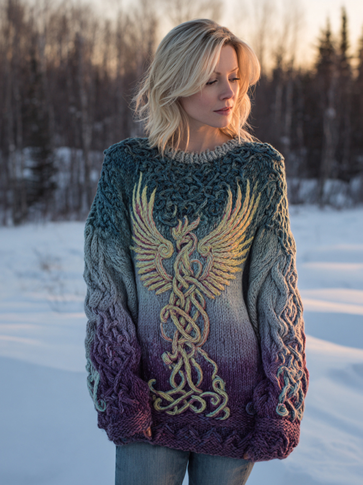 Women's Celtic Knot Myth Phoenix Embroidery Ombre Sweater