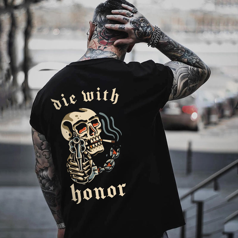 DIE WITH HONOR Skull with Pistol Black Print T-shirt