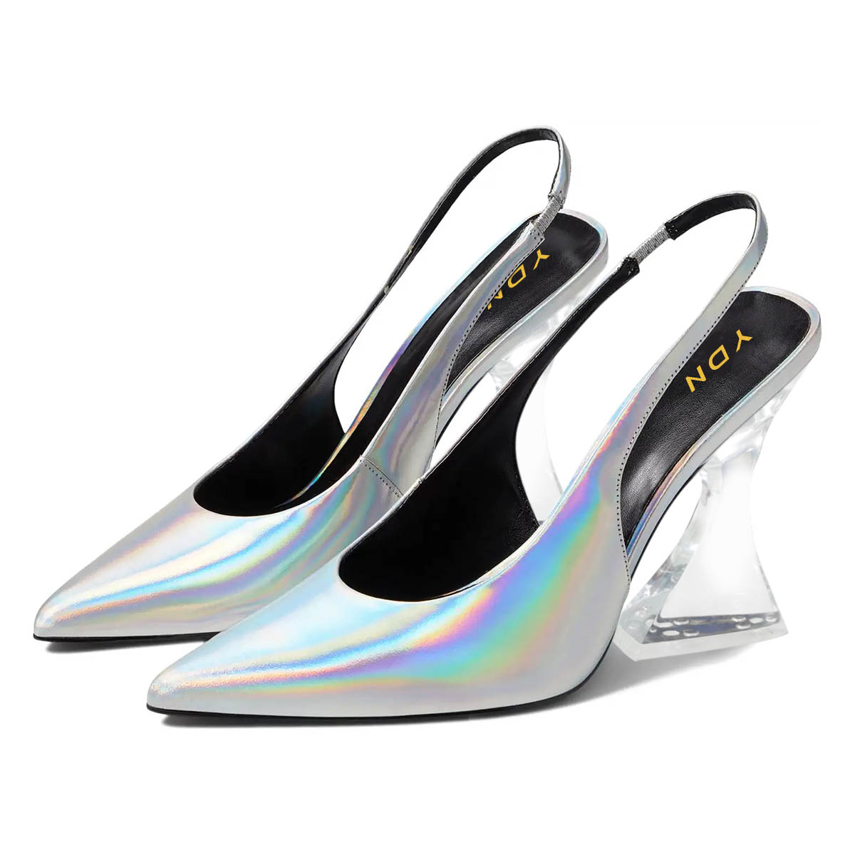 Women's Silver Holographic Flared Heel Pointed Toe Slingback Pumps