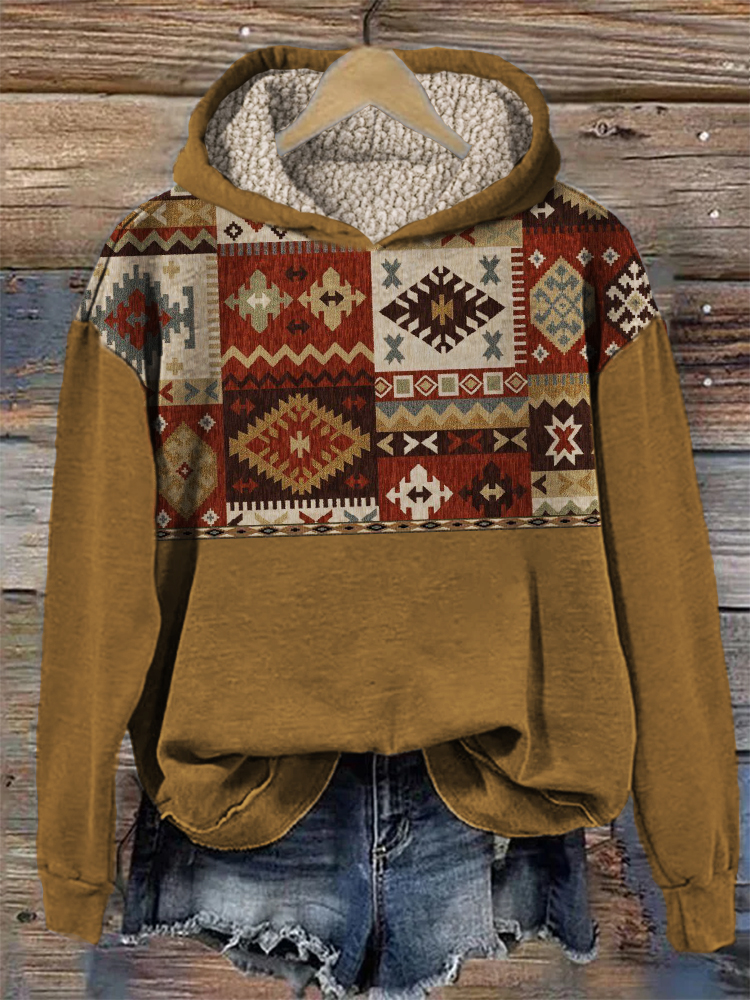 Western Aztec Patchwork Contrast Cozy Hoodie