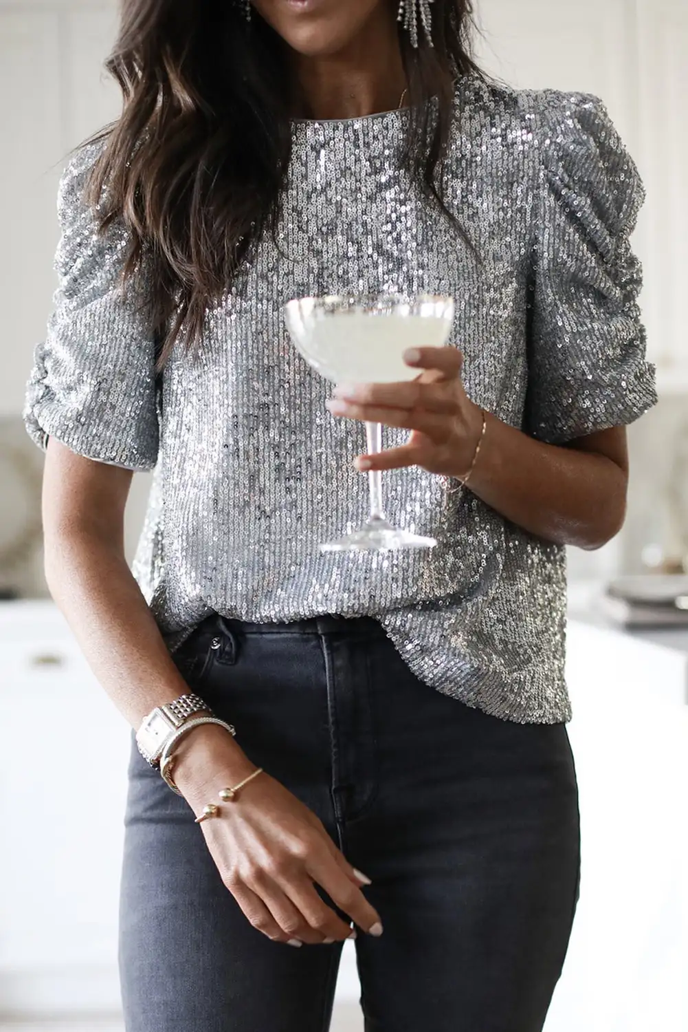 silvery sparkling puff sleeve sequin top