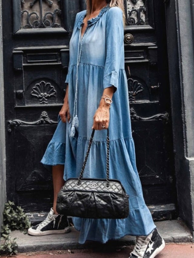 Seven-point Sleeve Long Washed Denim Dress