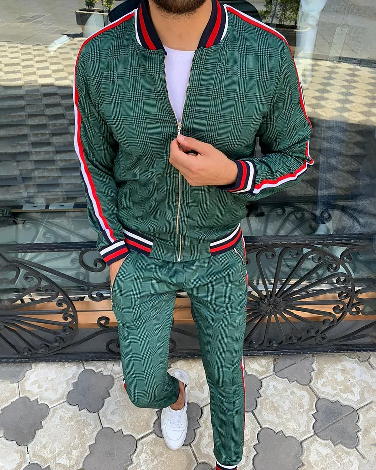 Suitmens Men's Green Classic Plaid Tracksuit Full Set -00026