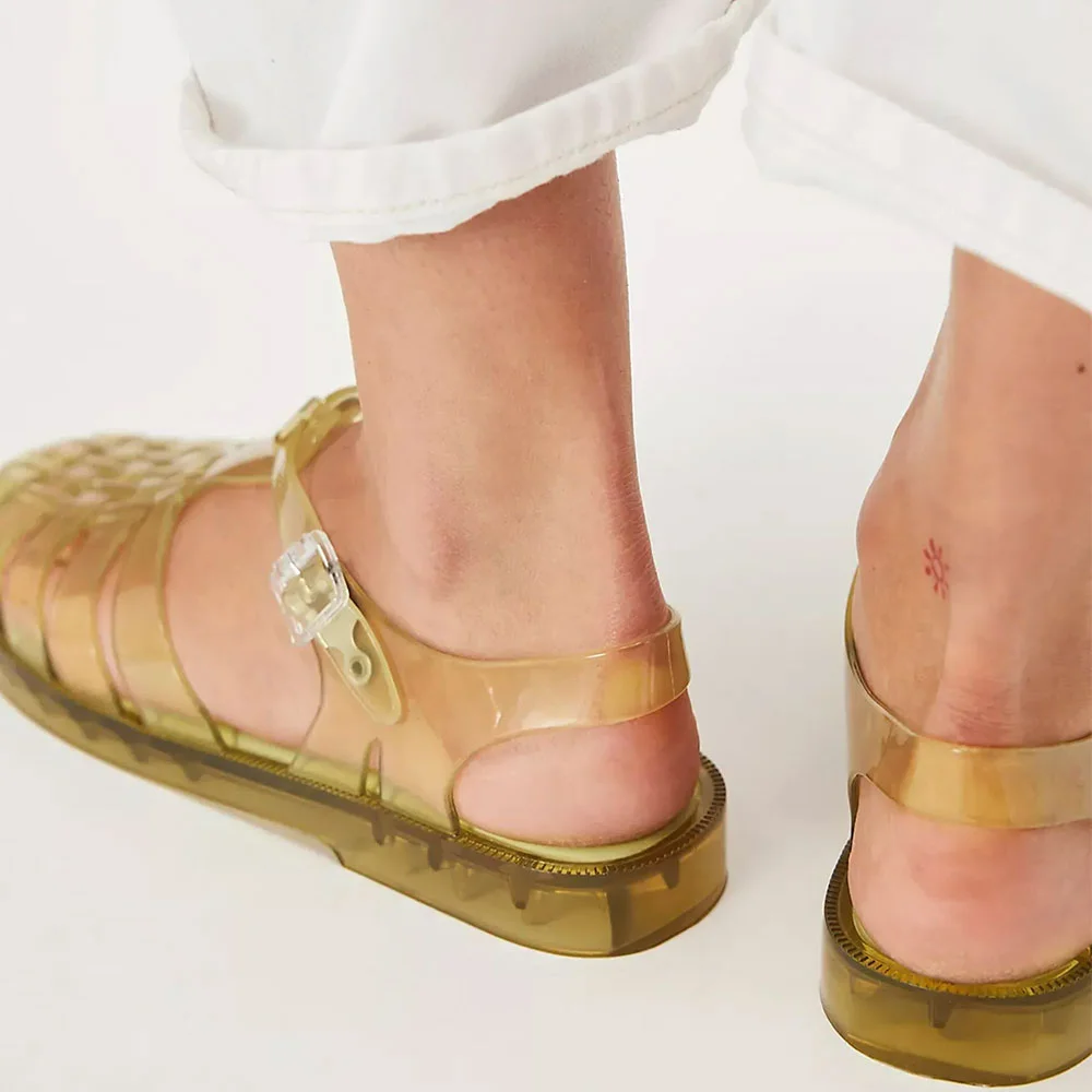 Transparent Olive Hollow-Out Caged Vamp Strap Flat Closed Toe Sandals