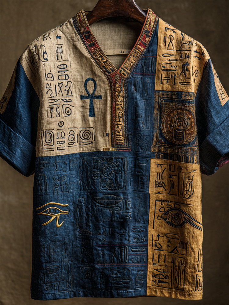 Eye Of Horus & Ankh Ancient Egyptian Patchwork Linen Shirt