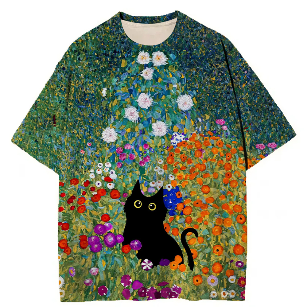 Tokyover Gustav Klimt Garden Black Cat Printed T-Shirt