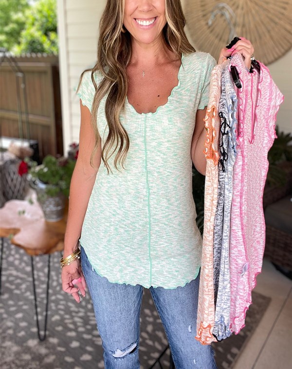 V Neck Cap Sleeve Merrow Edge Top