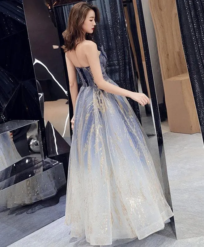 Unique Blue Tulle Long Prom Dress, Blue Evening Dress