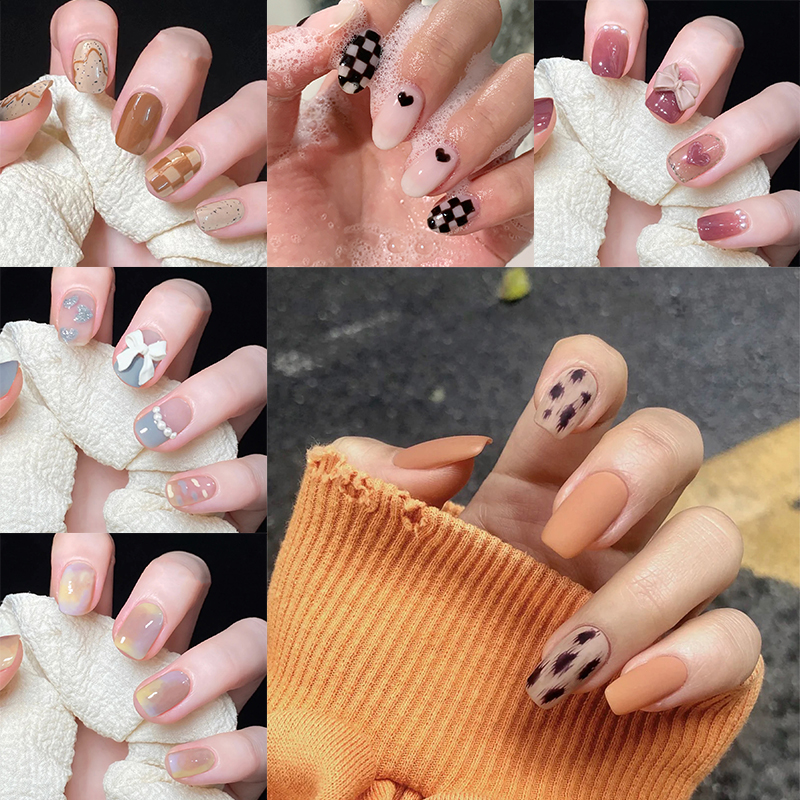 Churchf Short Square Fake Nails Detachable Lattice Leopard Coffin ...