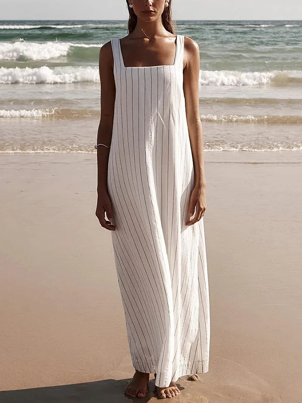 Effortlessly Elegant: A-Line Loose Striped Square-Neck Maxi Dress