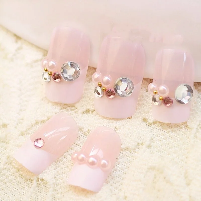 24pcs Ladies Fake Nails Transparent Floral Beads Decor DIY Bride False ...