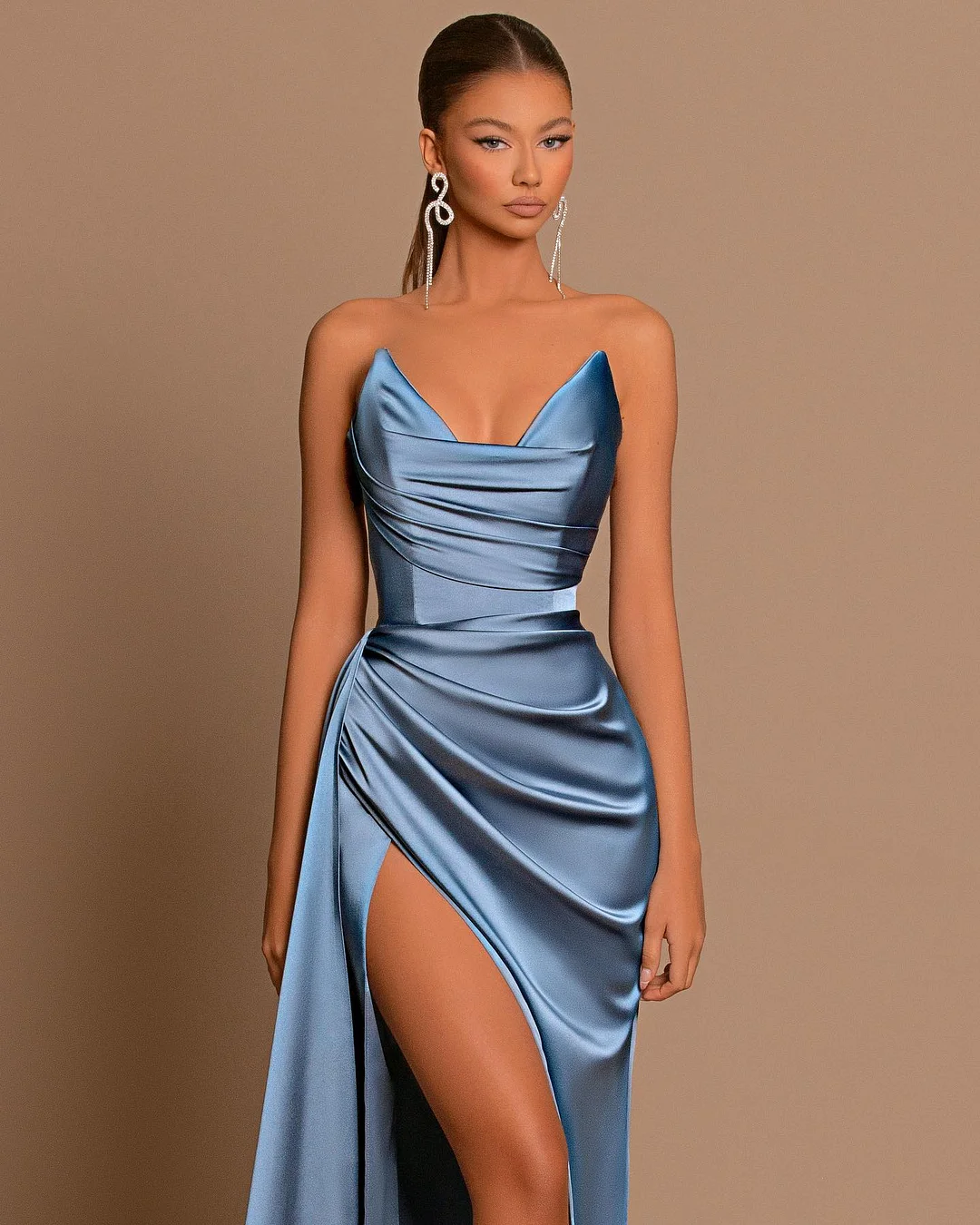 Elegant Royal Blue Long Evening Dress With Slit Pleated Charmeuse