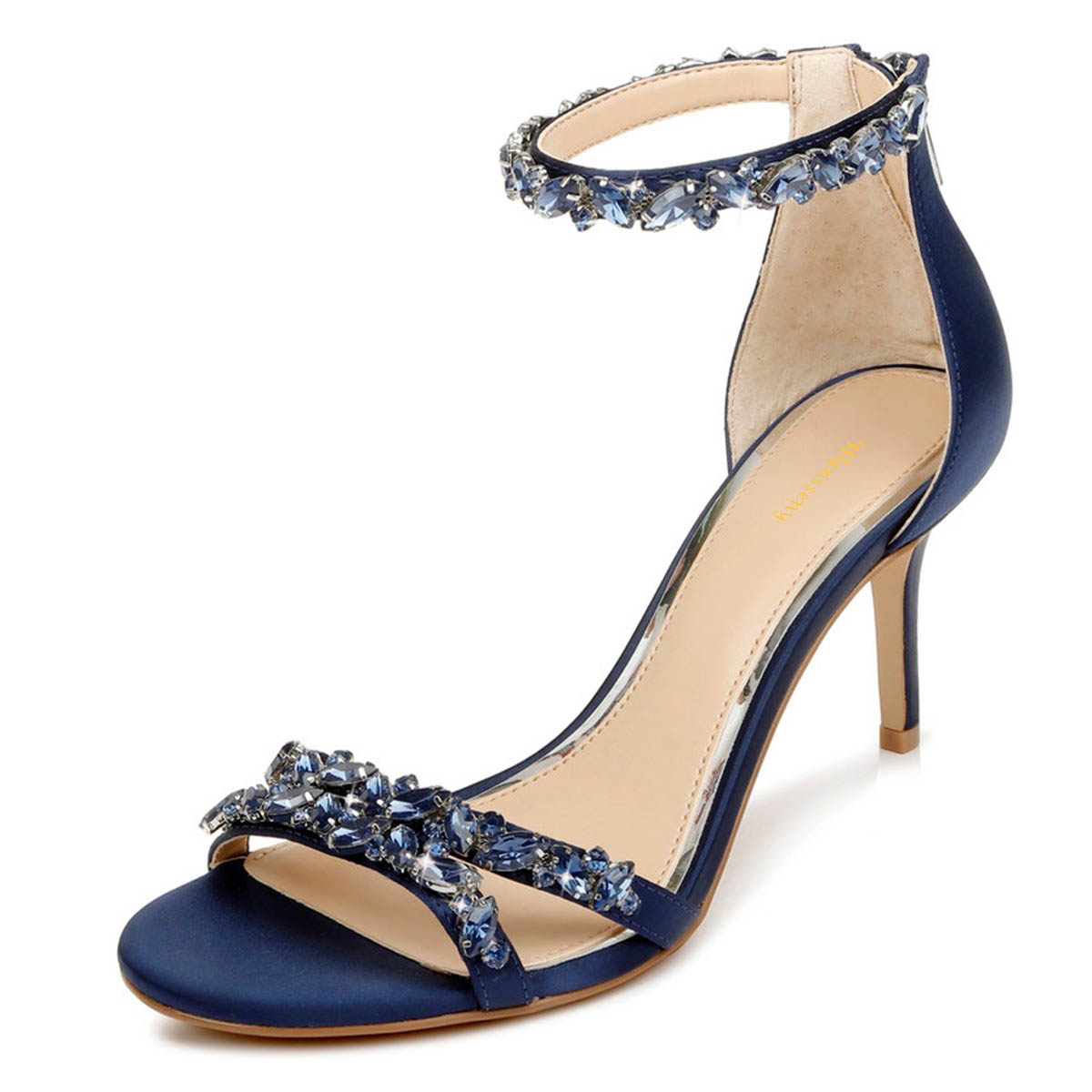 Navy Rhinestone Strap Open Toe Sandals Back Zipper Stiletto Heels