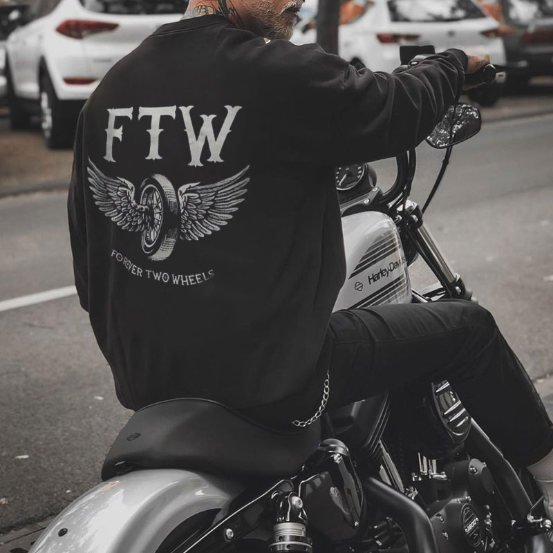 MOTOSUNNY FTW FOREVER TWO WHEELS Angel Wings Graphic Black Print Sweatshirt