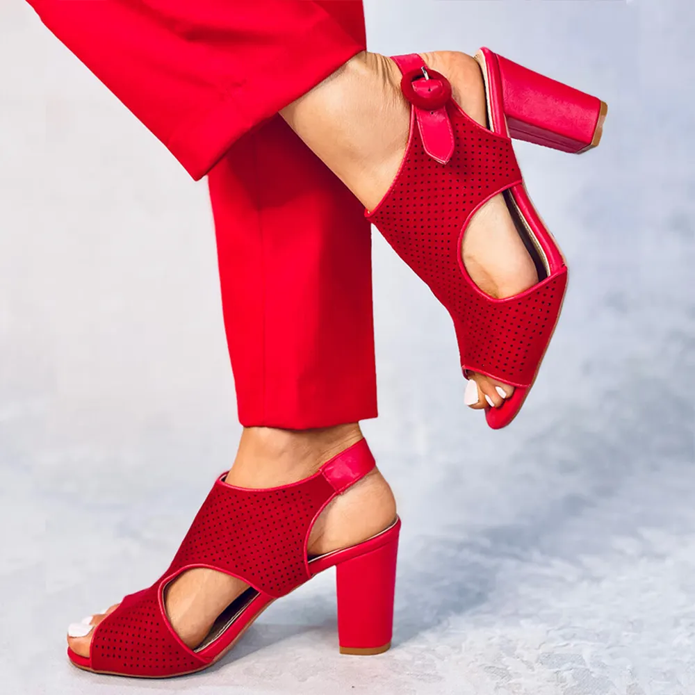 Red Leather Opened Toe Cut Out Slingback Sandals With Chunky Heels