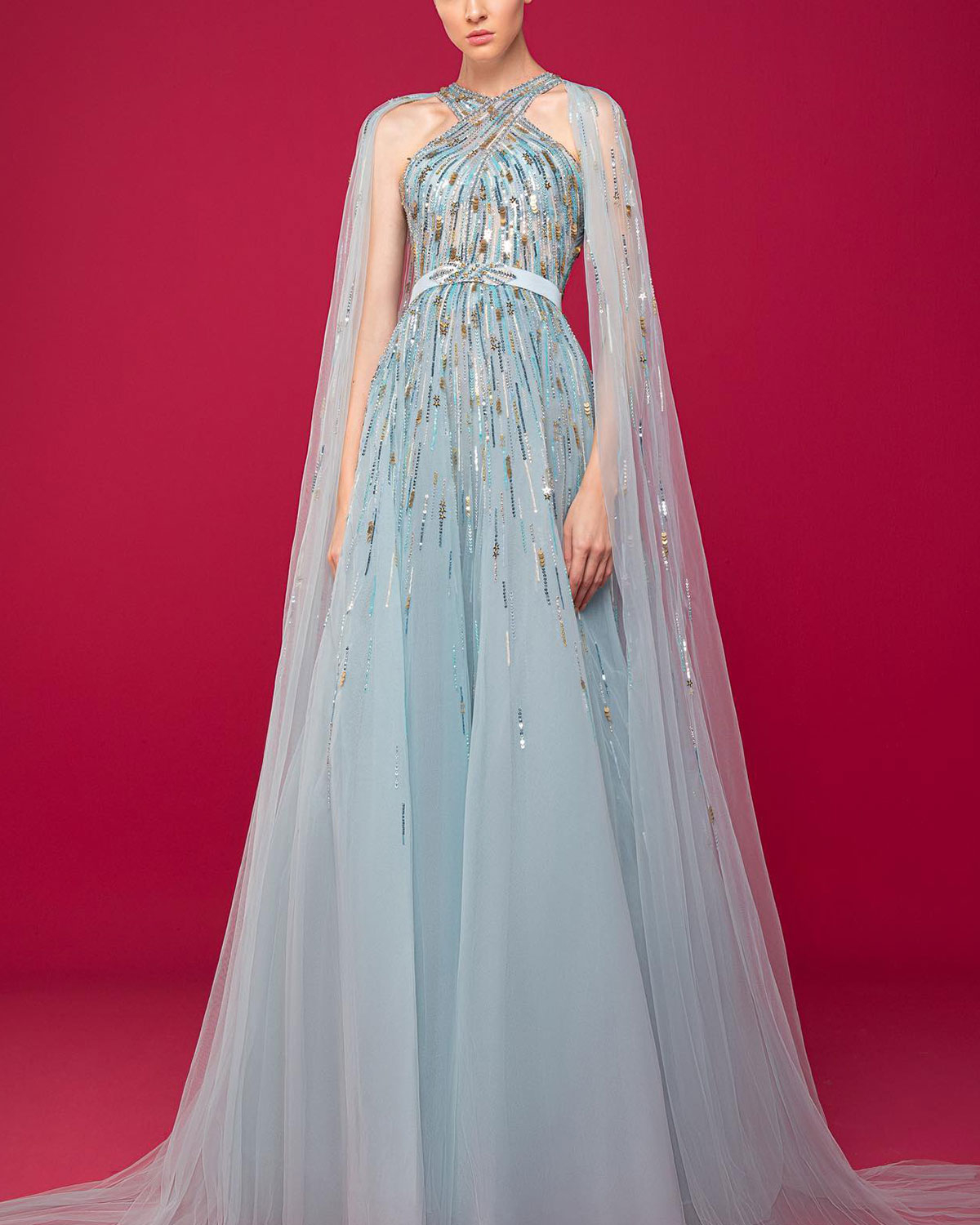 Sequin embellished cape gown