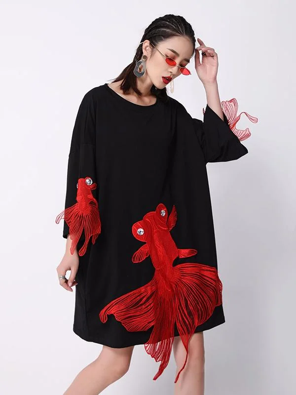 Red Goldfish Embroidered Loose Round Neck T-Shirt Dress - A Playful ...