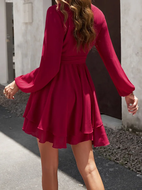 Elegant A-Line High-Waisted Ruffled Solid Color V-Neck Mini Dresses