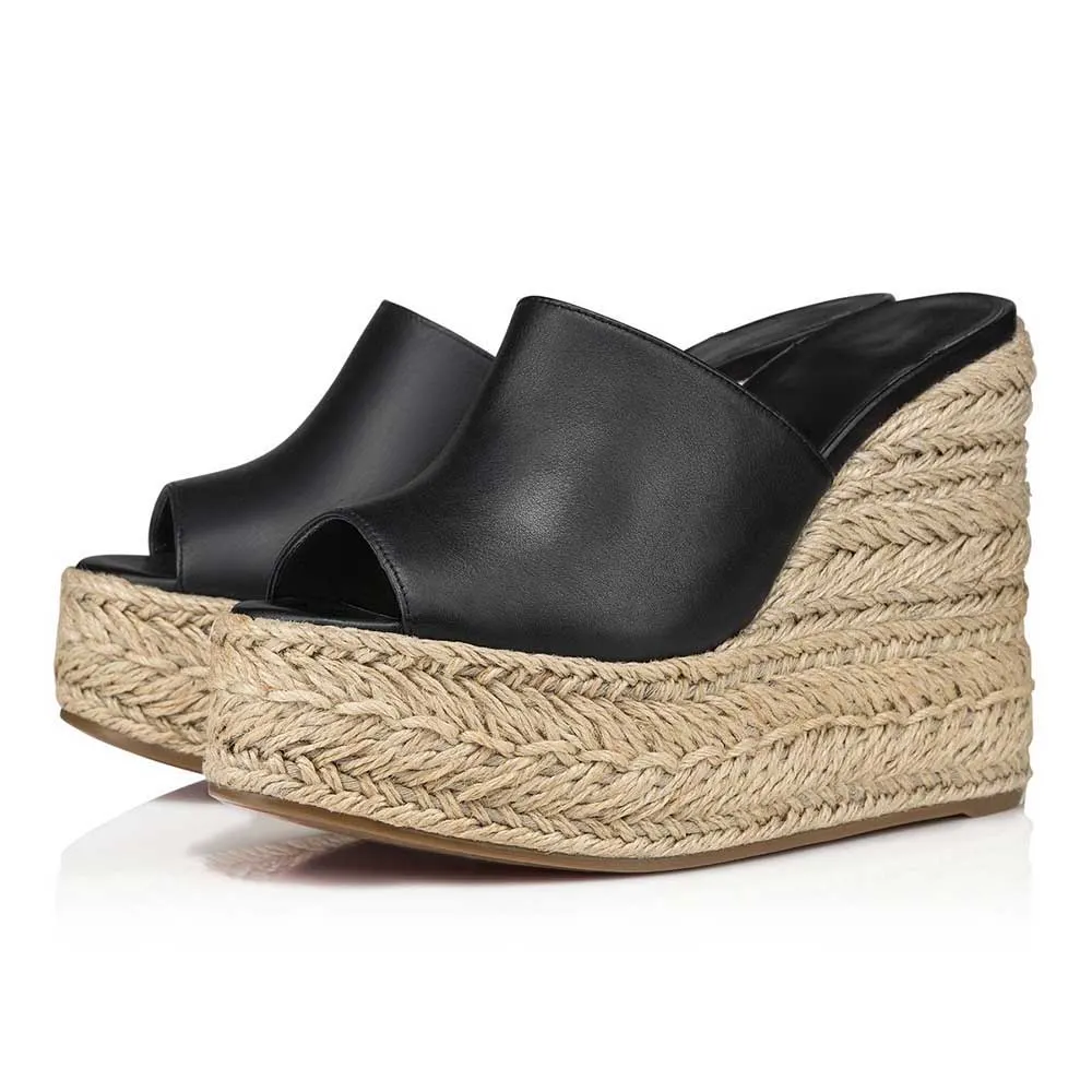 Black Vegan Leather Peep Toe Bold Platform Mules With Wedged Heels