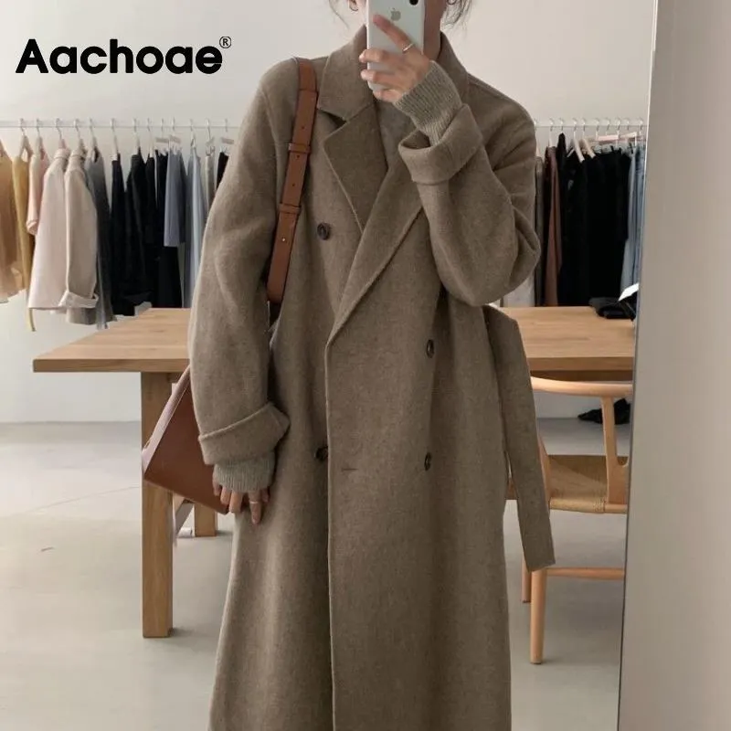 Aachoae Women Elegant Office Long Wool Coat With Belt Long Sleeve ...