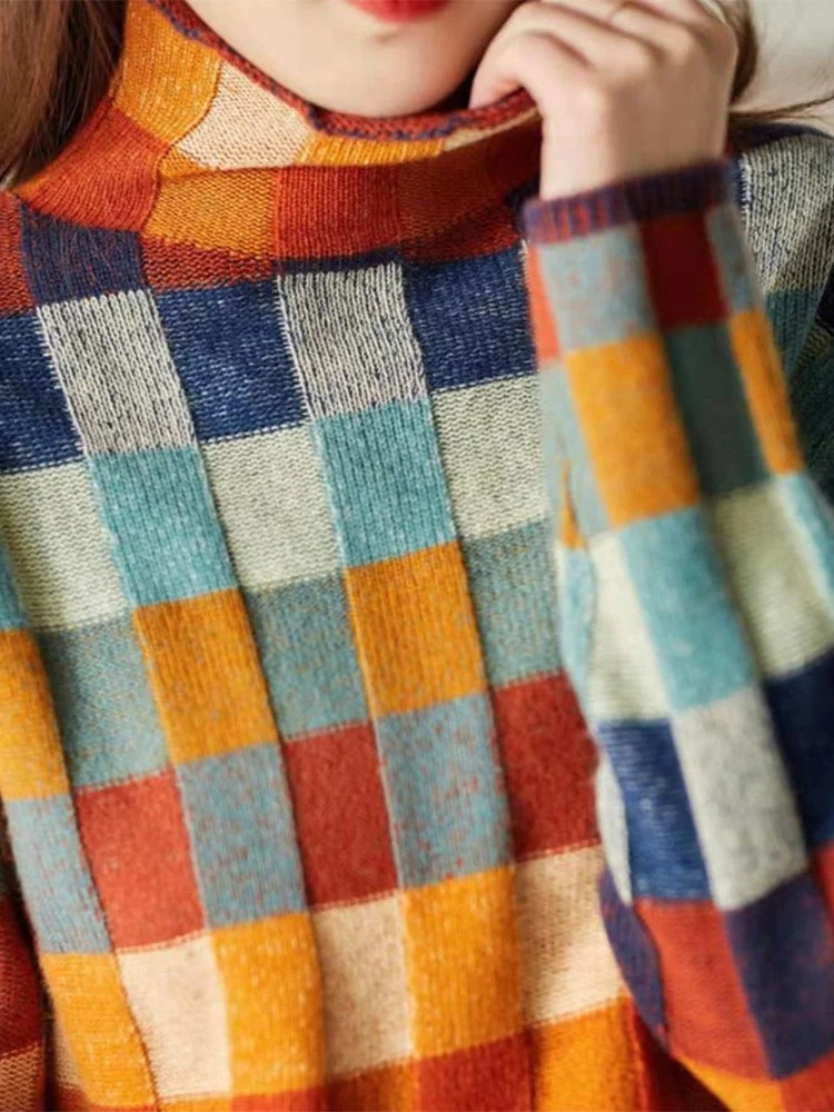 Autumn Checkerboard High Neck Sweater