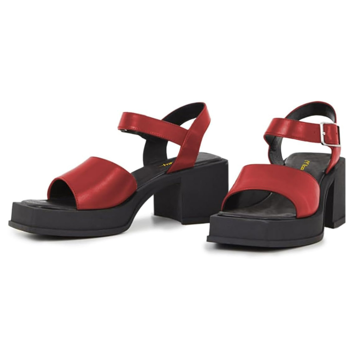 Red Open Square Toe Block Heel Platform Ankle Strap Sandals