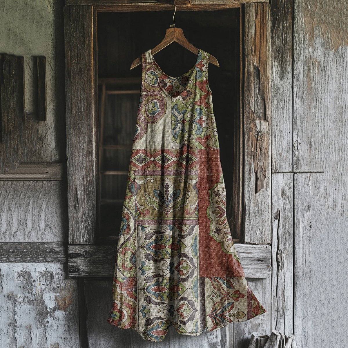 Vintage Tribal Patchwork Floral Art Linen Tank Dress 37.99