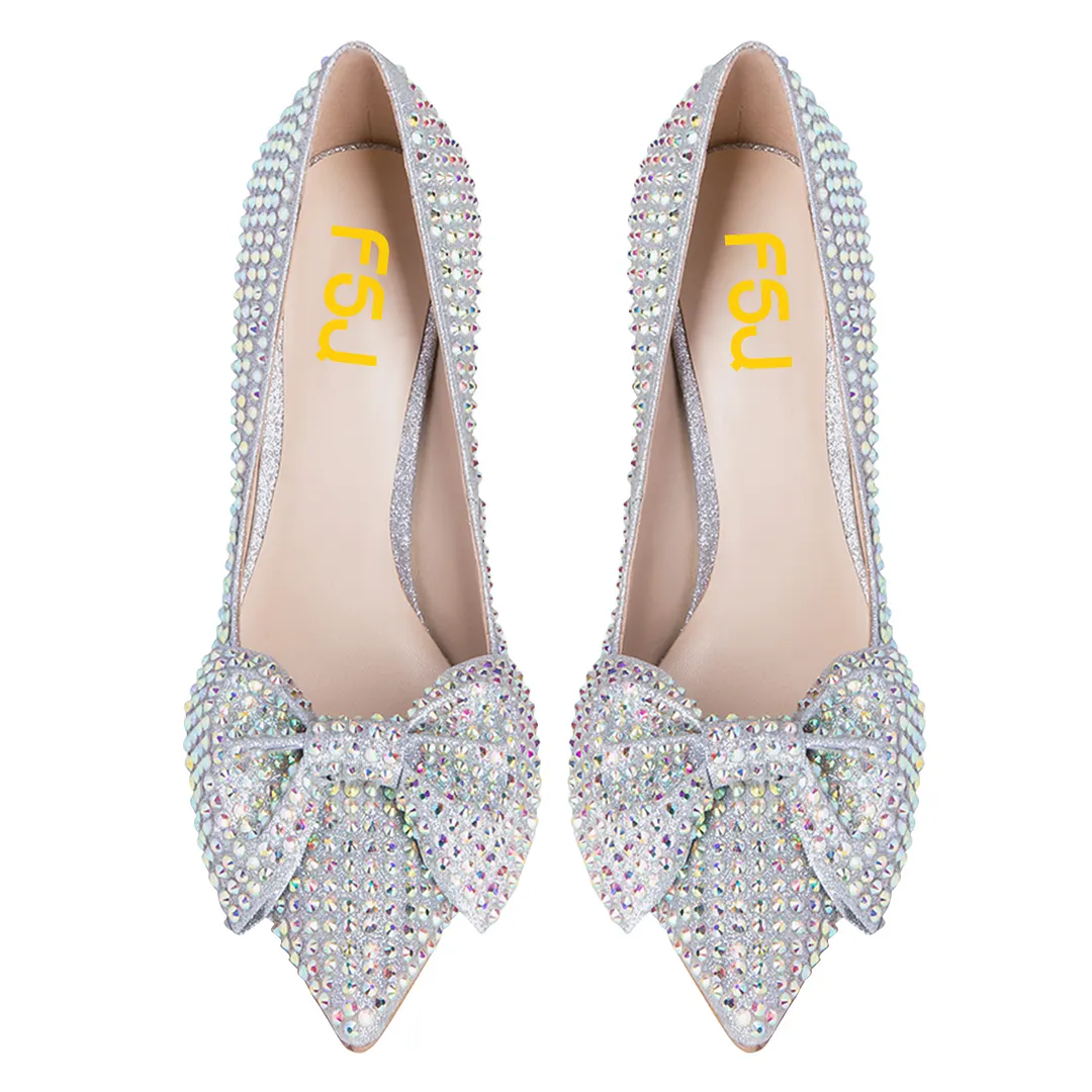 Silver Glitter Sparkling Heels Pointed Toe Bow Rhinestone Pumps