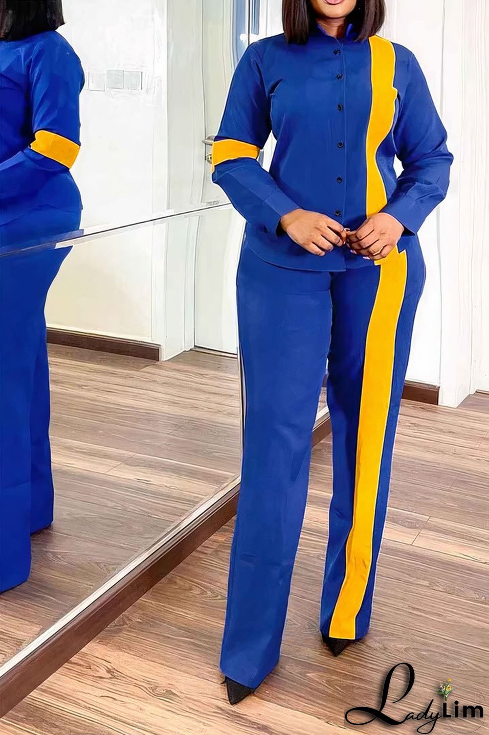Two Tone Button Down Shirt & Pants Set - Ladylim