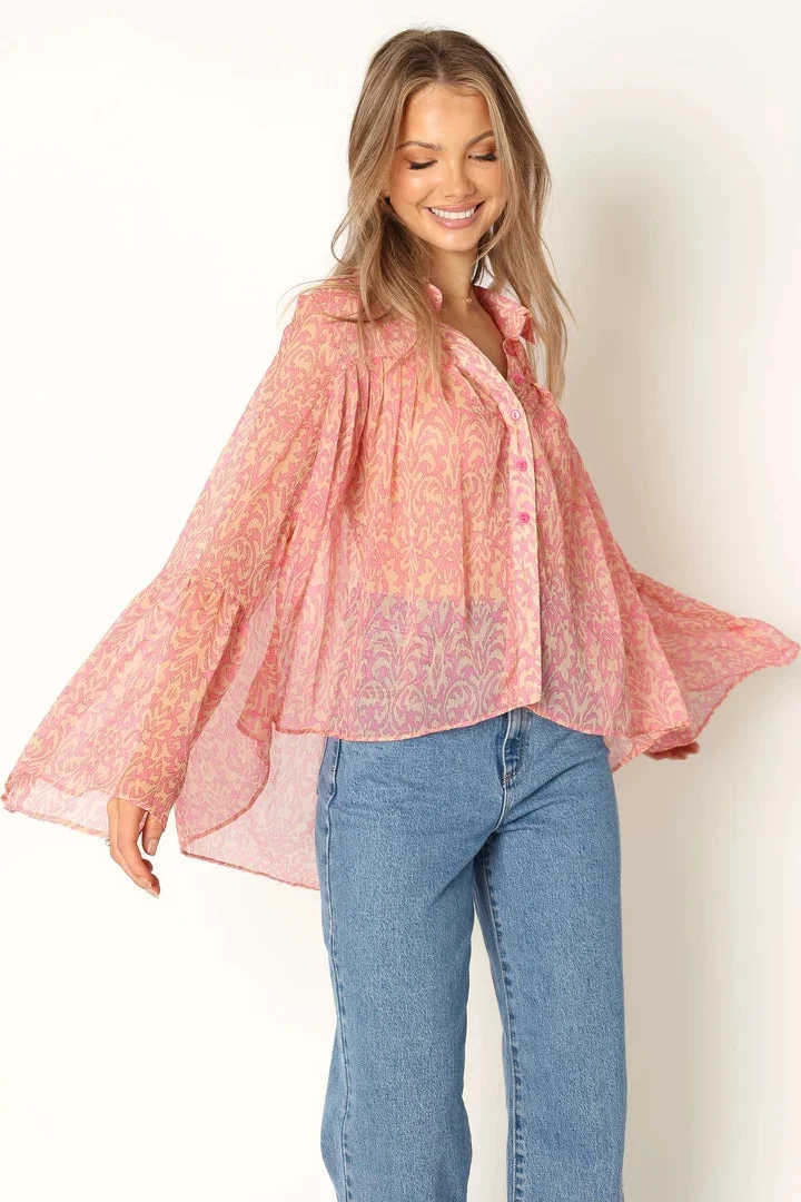 Coral Pink Floral Button Down Shirt