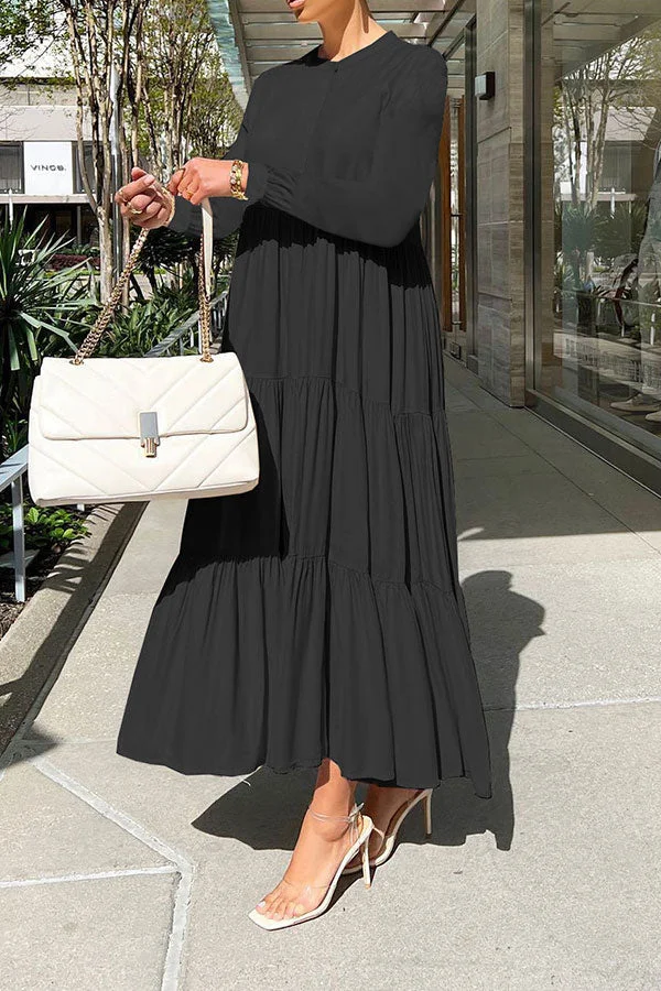 Solid Color Casual Tiered Ruffle Midi Dress