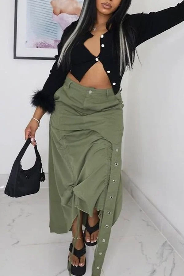 Statement Pocket Solid Color Asymmetric Drawstring Long Skirt