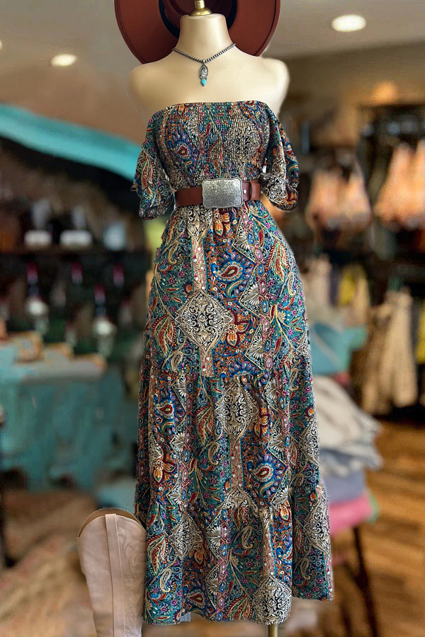 Patterned Multicolor Smocked Midi Dress