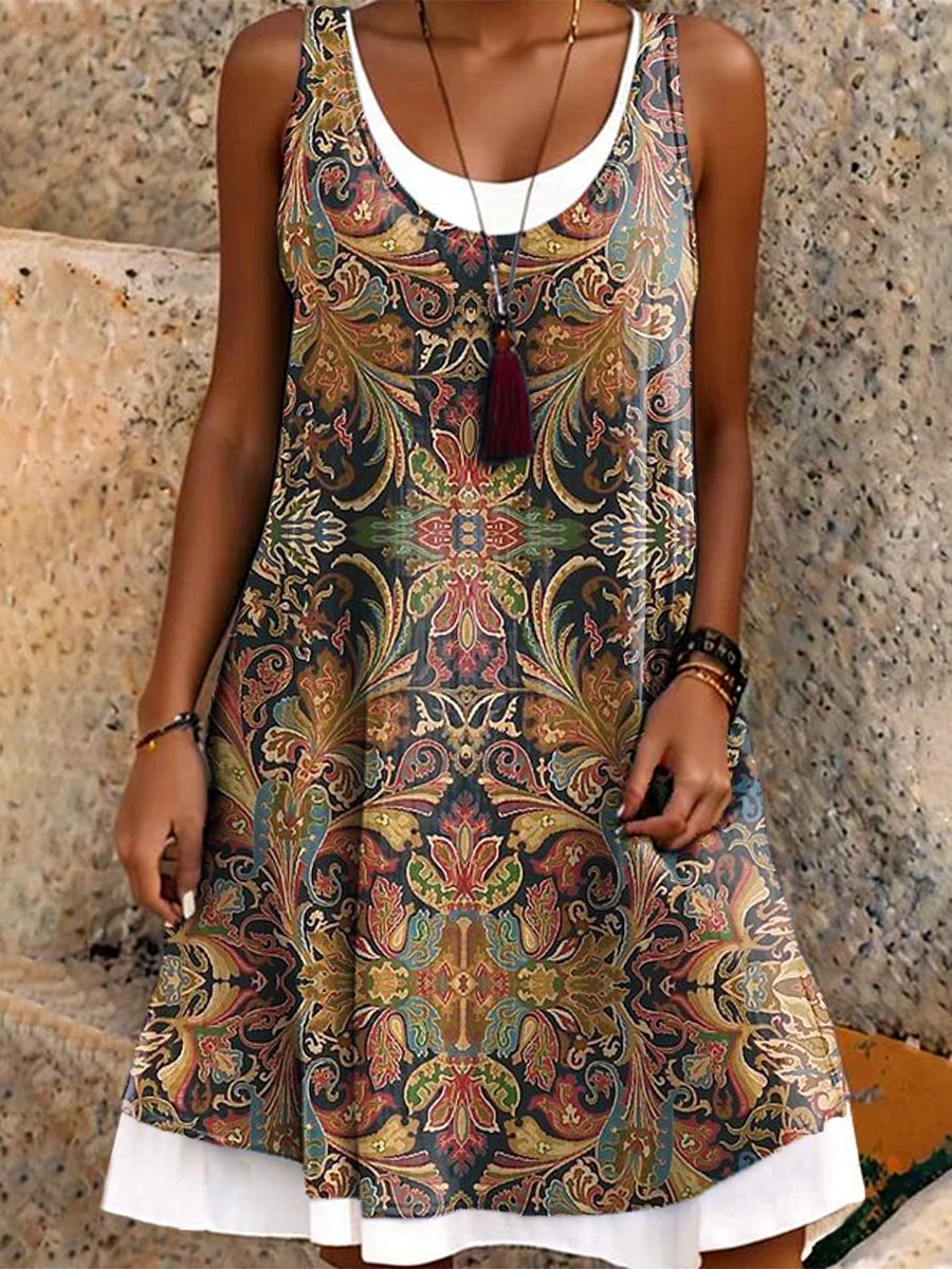 Women's Retro Ethnic Totem Art Pattern Print Crew Neck Sleeveless Dress