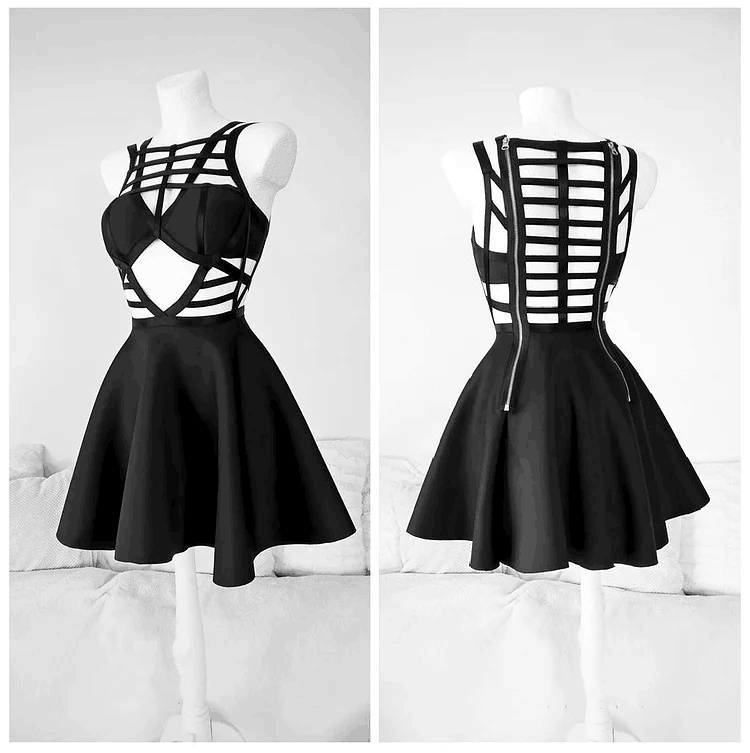 Gothic Dark Strips Bandaged Cutout Caged Dress